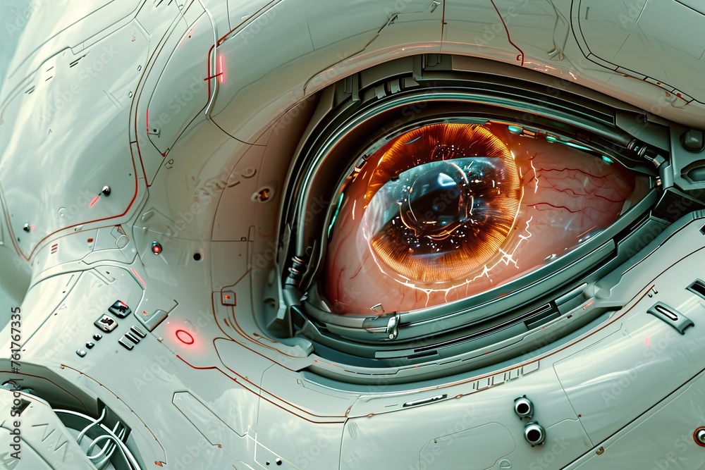 Sleek, upgraded cybernetic eye with enhanced functionalities. The sci ...