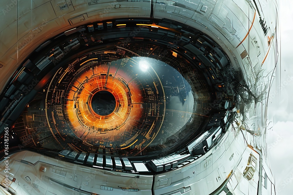 Sleek, upgraded cybernetic eye with enhanced functionalities. The sci ...