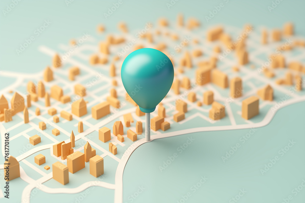 Blue pin marks spot on a stylized city map, with beige buildings and ...
