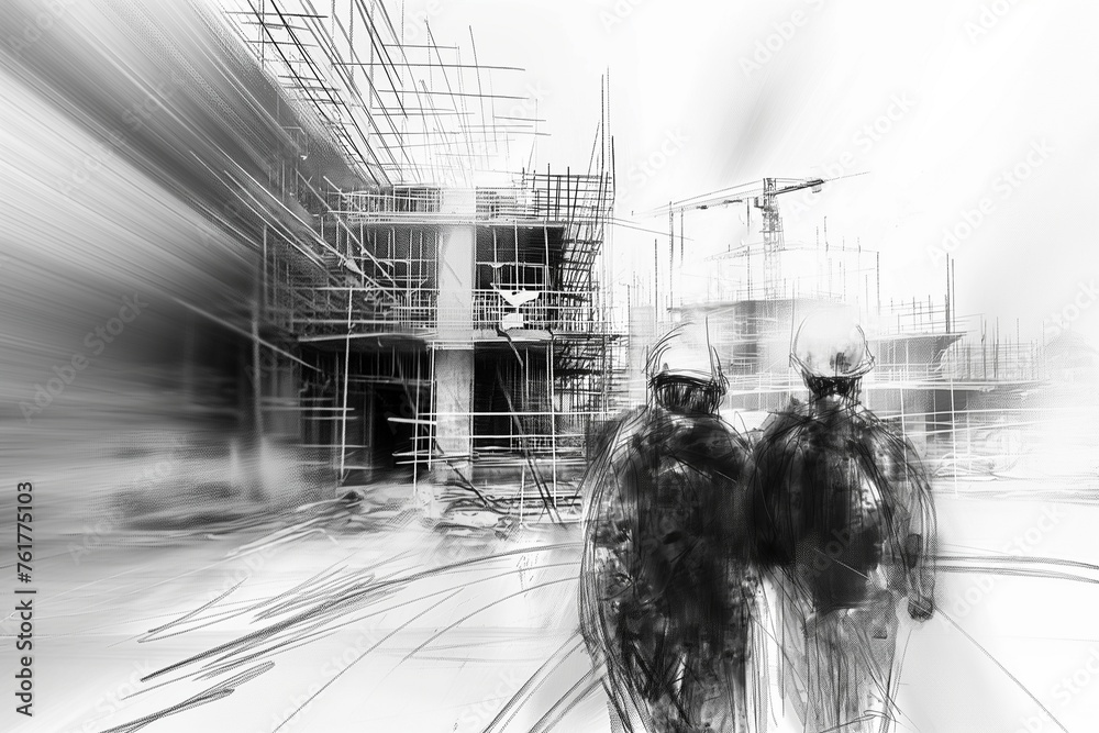 Sketch of new construction and blurry construction worker, construction ...