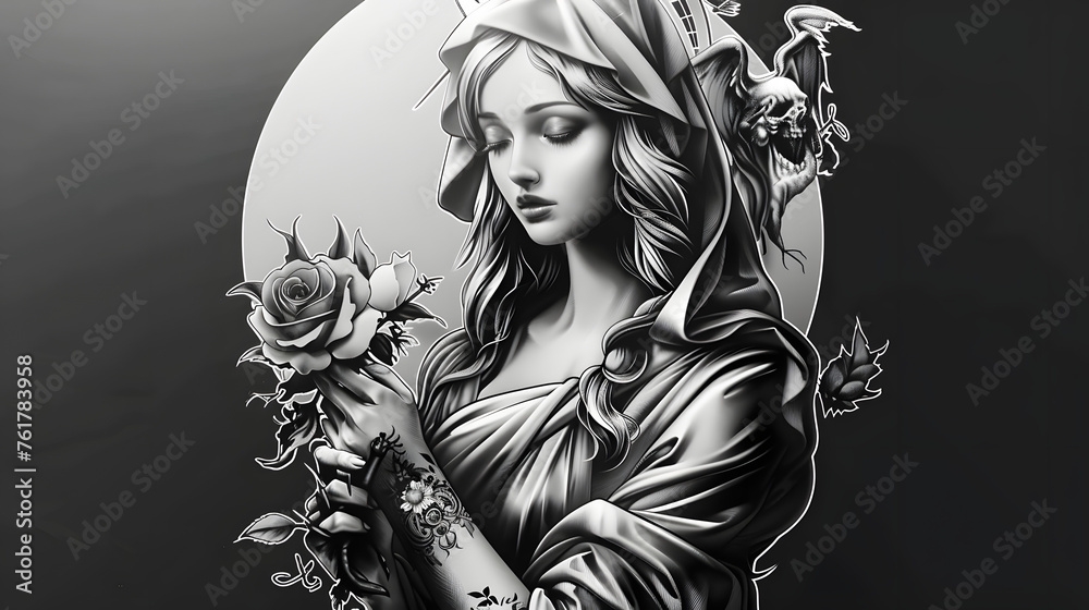 Black and white tattoo design of an ultra realistic saint mary with ...