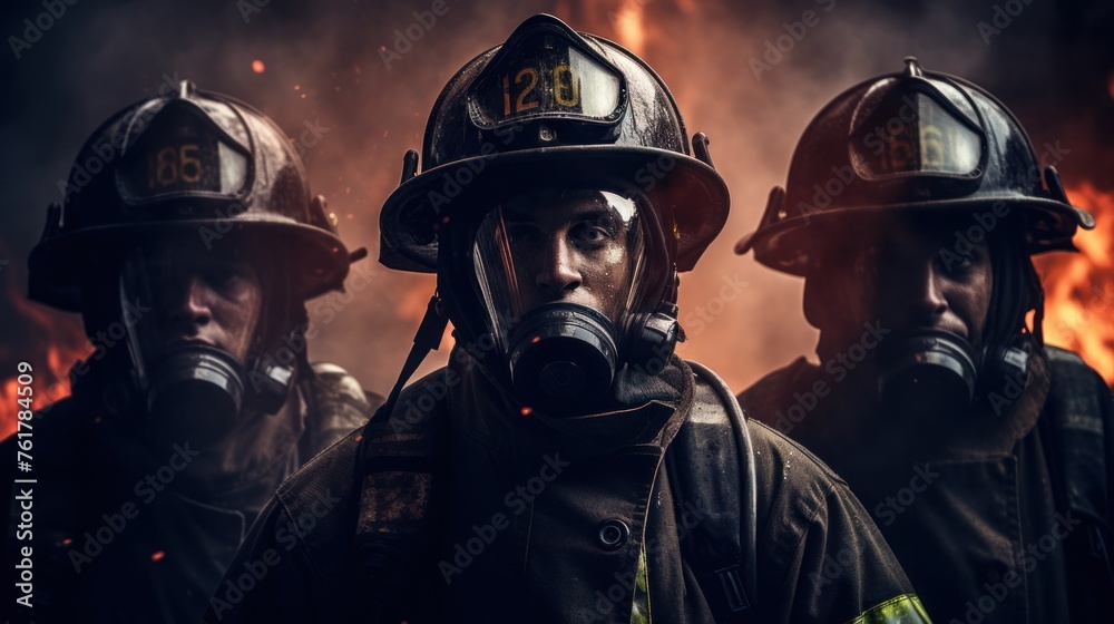 Fire rescue team in action, equipped with safety helmets, amidst a ...