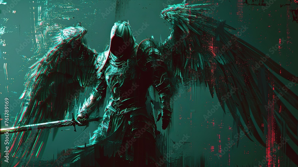 A fallen angel with outstretched wings and a sword in his hand. A ...