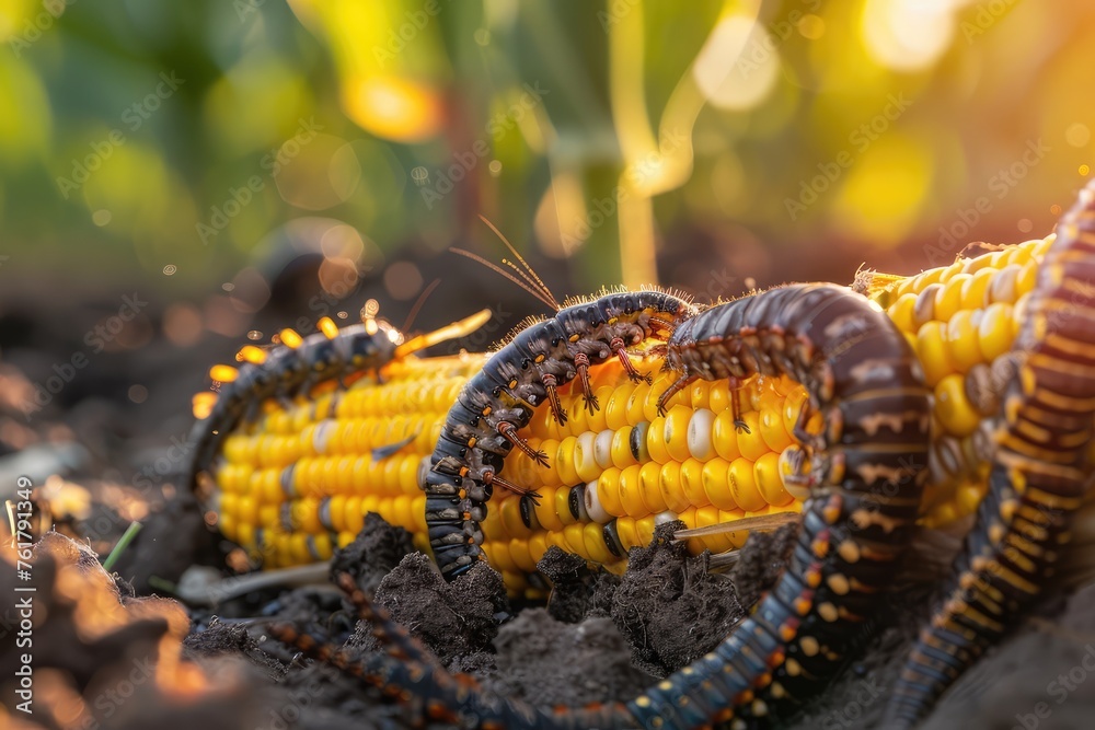 Many Worms Eats Corn Cobs on Corn Field, Hungry Caterpillars Eats Corn ...