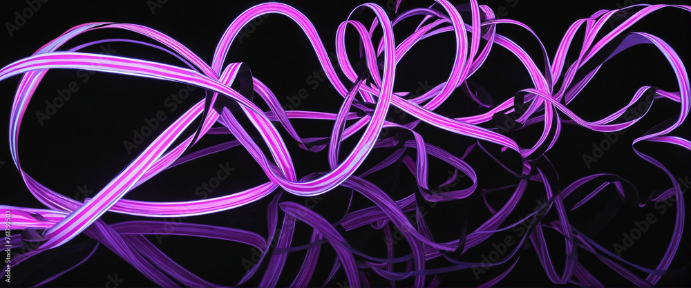 3d render. Abstract background of neon ribbon. Fluorescent ines glowing ...