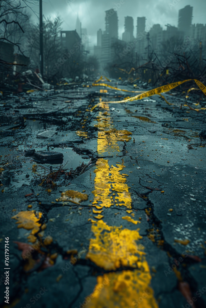 Desolate cityscape with yellow road line - A post-apocalyptic view of a ...