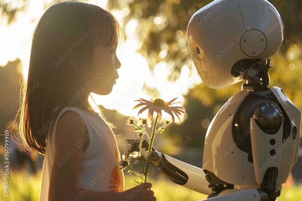 Robot and child interaction in a sunset field - A heartwarming scene of ...