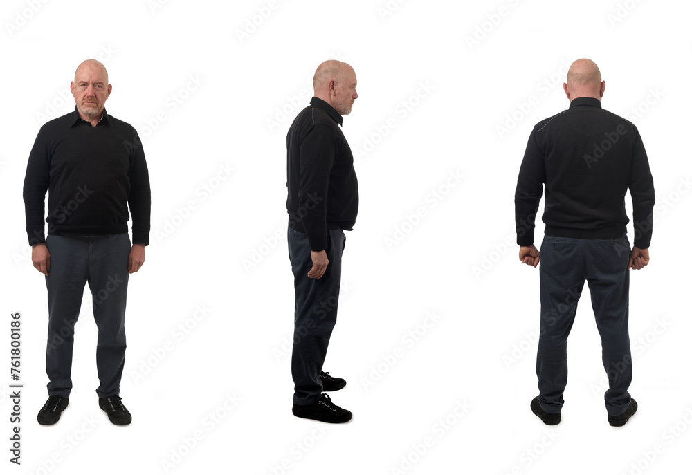 Poster front side and back view of same man standing and serious of ...