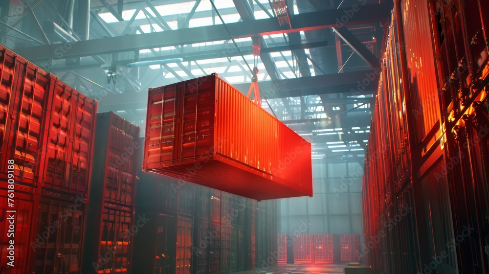Red shipping container suspended in an industrial warehouse. Logistic ...