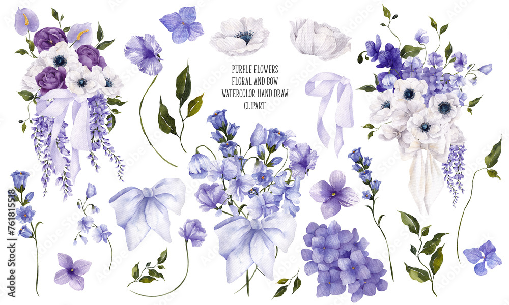 Watercolor hand draw purple clipart, violet flowers, wisteria, orchid ...