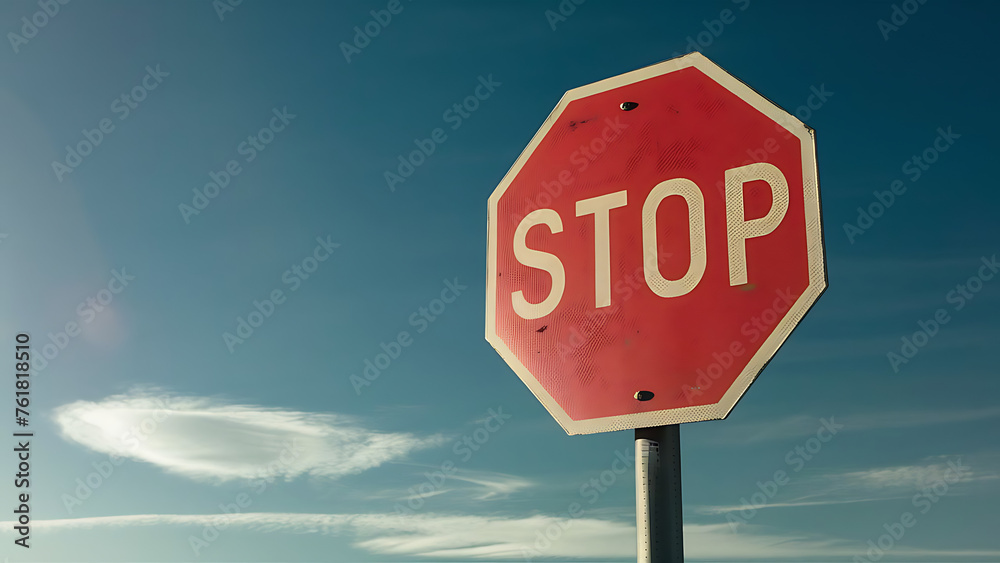 bright red stop sign with bold white letters standing against backdrop ...
