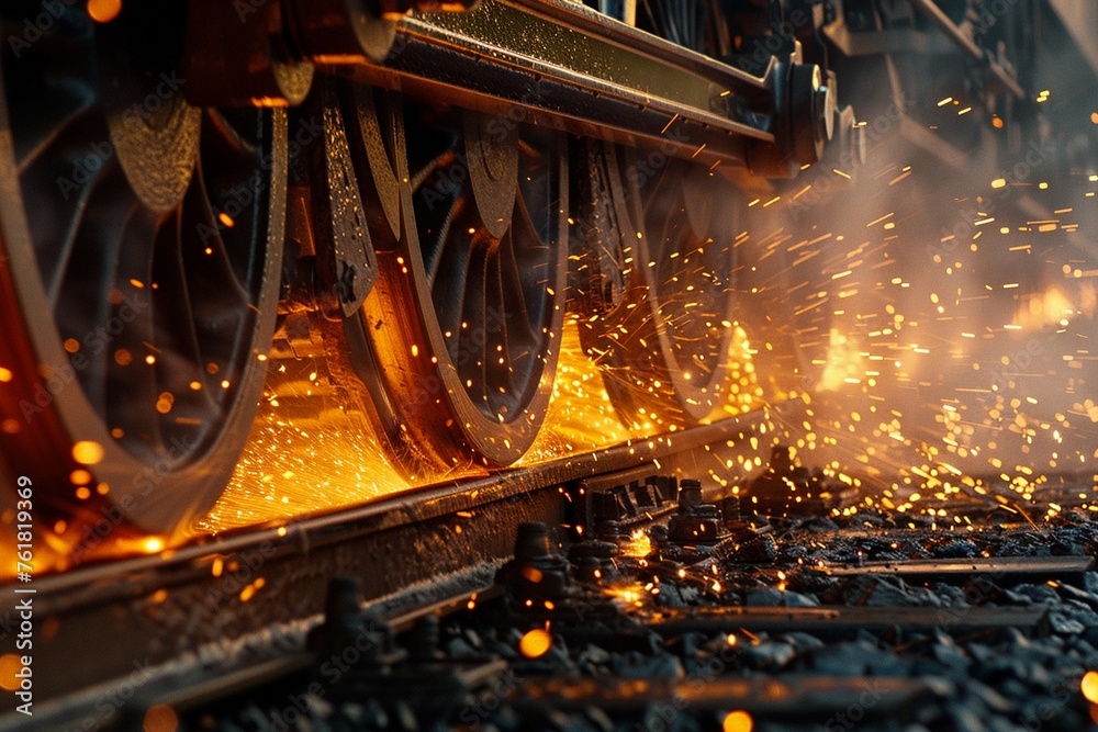 The intense detail of a train wheel in motion, sparks erupting from the ...