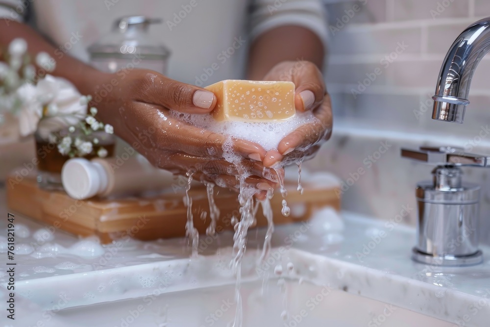 A person cleansing their hands using a soap bar under a tap ...