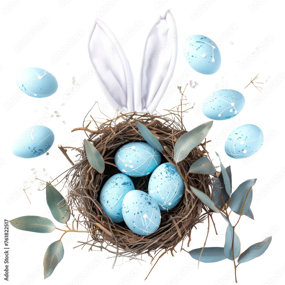 Easter themed border with blue eggs in a nest and bunny ears. Easter ...