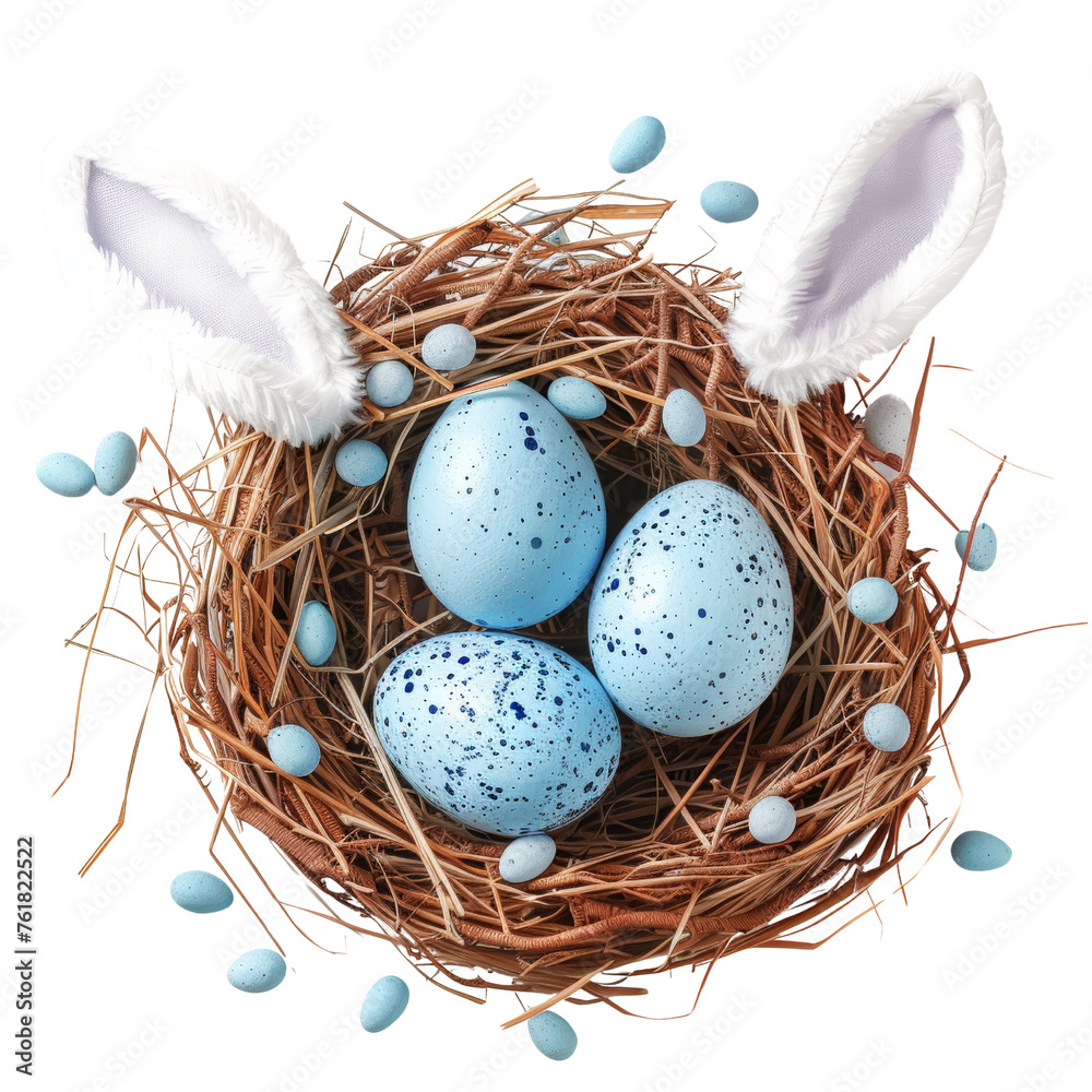 Easter themed border with blue eggs in a nest and bunny ears. Easter ...