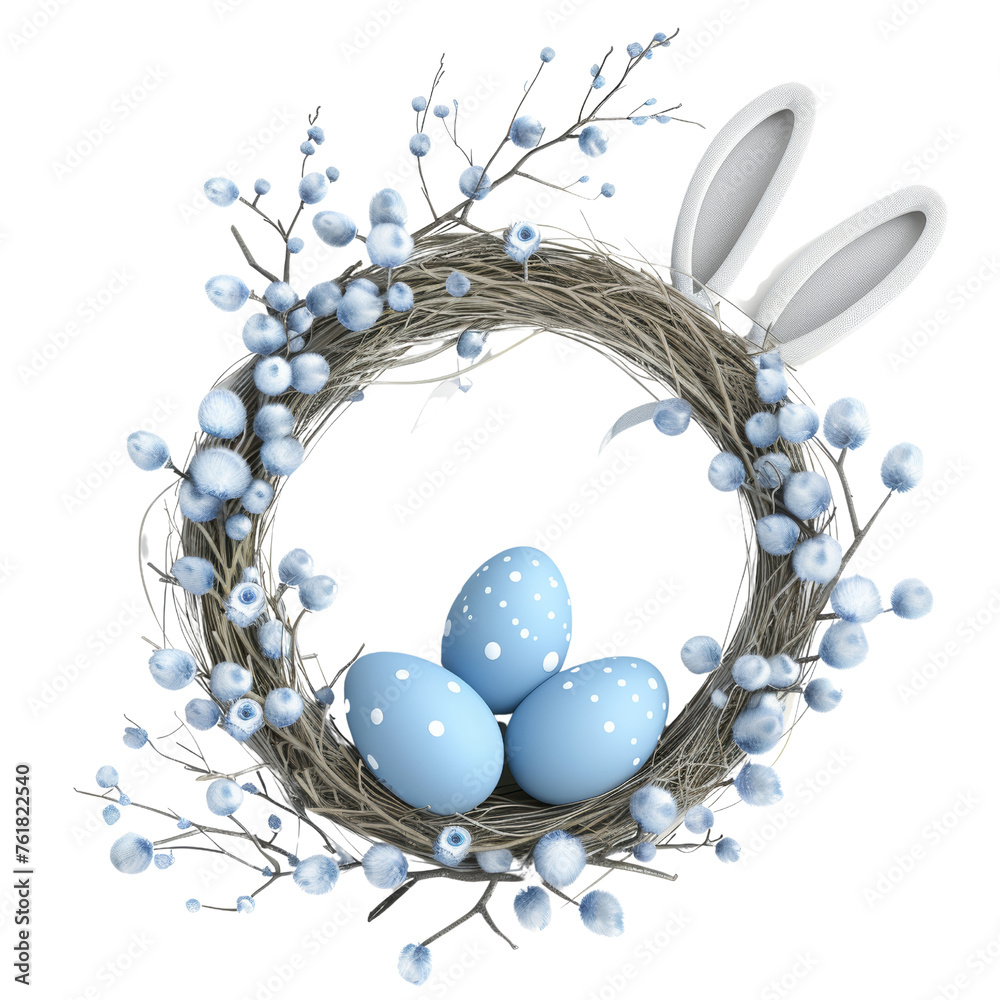 Easter themed border with blue eggs in a nest and bunny ears. Easter ...
