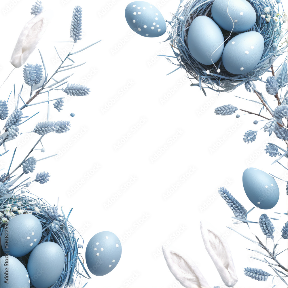 Easter themed border with blue eggs in a nest and bunny ears. Easter ...