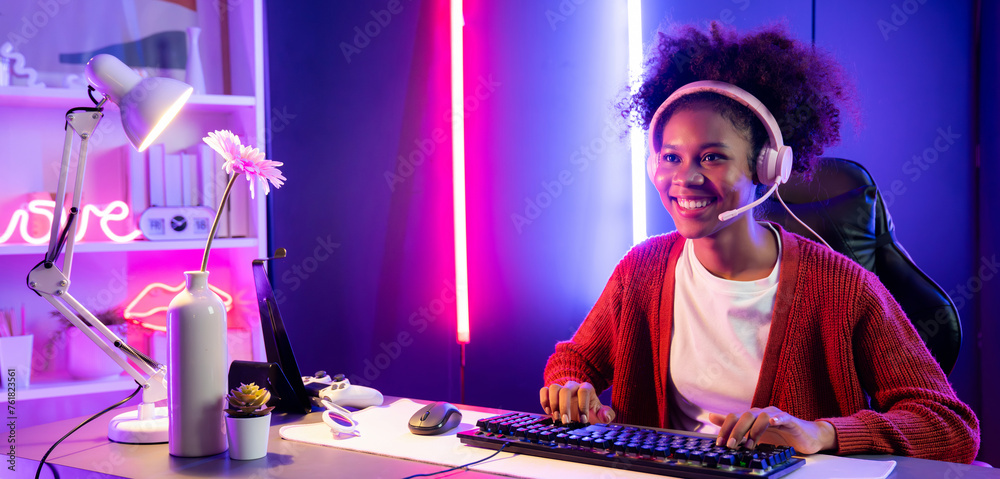 African American girl streamer playing online fighting with Esport ...
