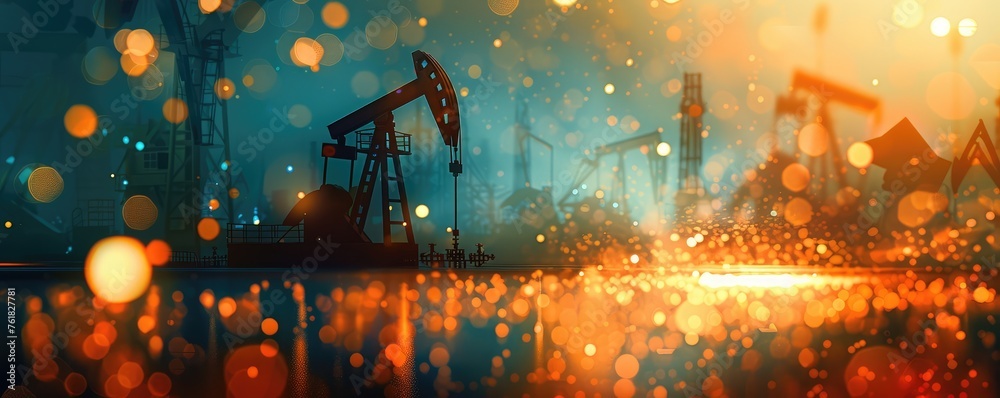 Oil extraction towers set against a dramatic sunset, highlighting the ...
