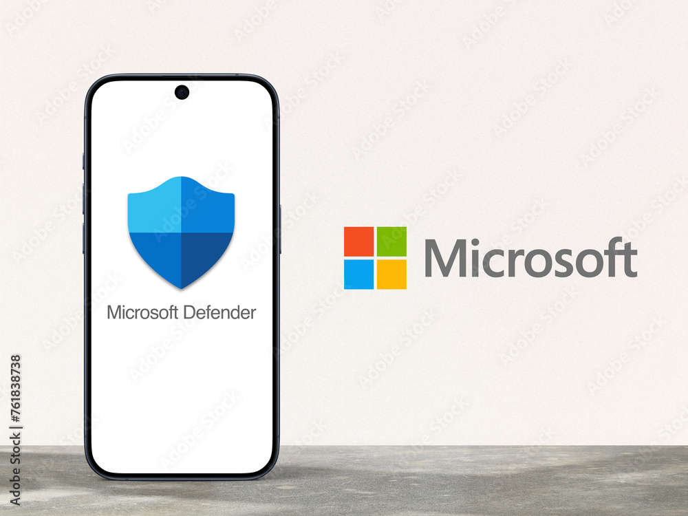 Microsoft Defender logo is shown on a modern smartphone, Microsoft logo ...