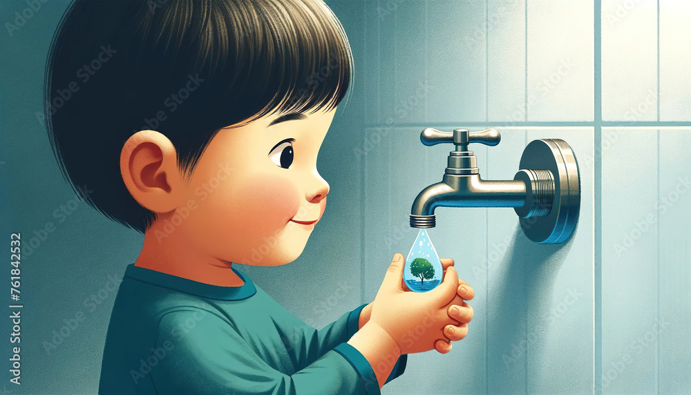 Child demonstrates water conservation by turning off the tap tightly ...