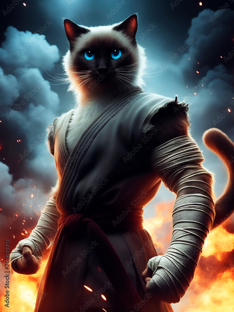 Anthropomorphic Siamese cat, kitty cartoon fighter, background is fire ...