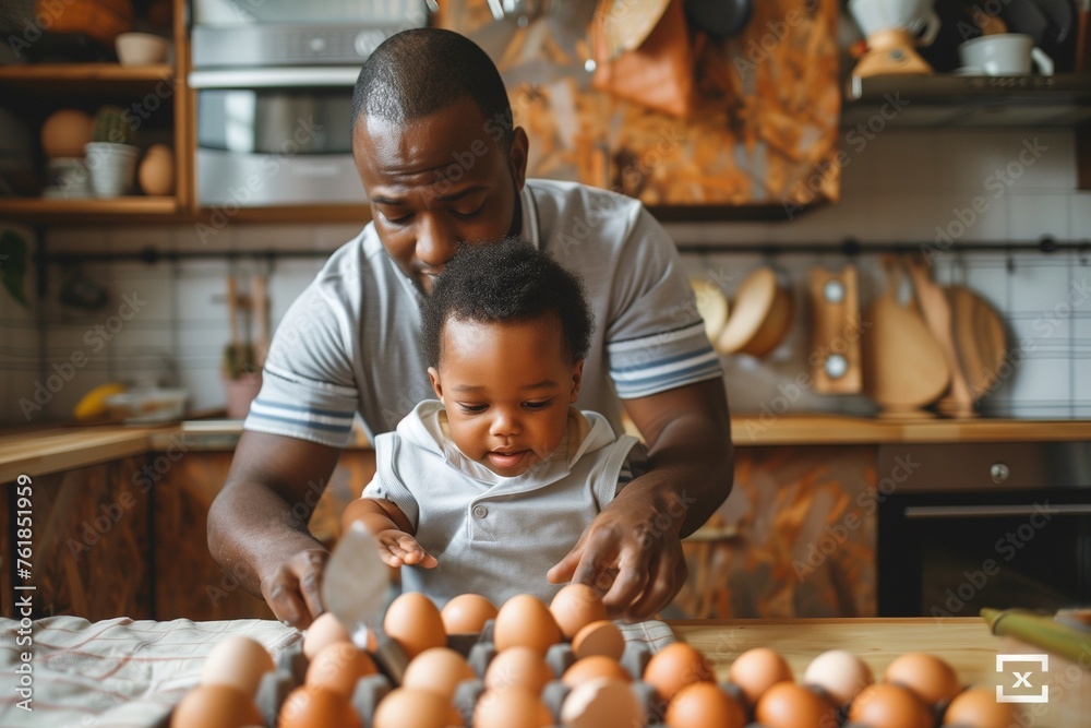 child family kitchen food boy son mother father breakfast preparing egg ...