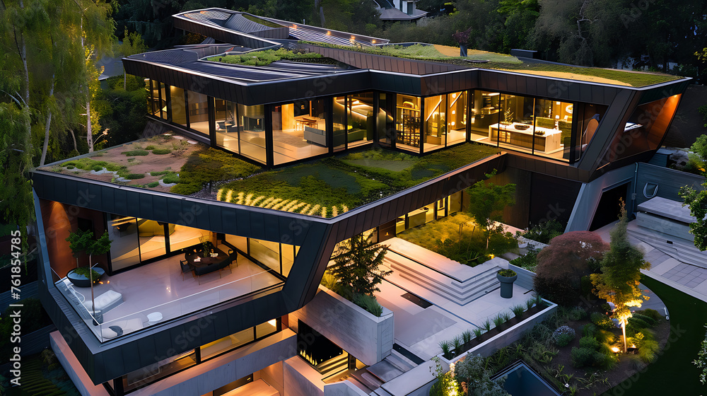 An avant-garde modern house roof with unconventional angles and ...