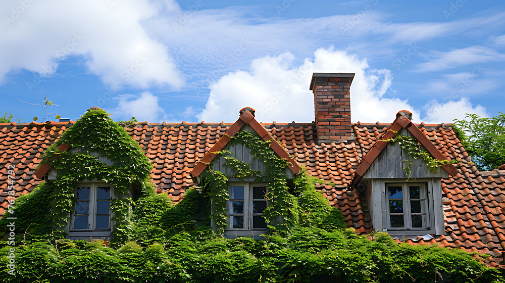 A traditional house roof with sloping angles covered in terracotta ...