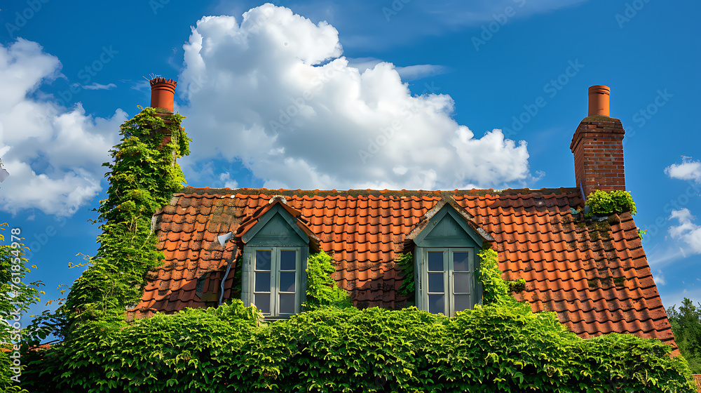 A traditional house roof with sloping angles covered in terracotta ...