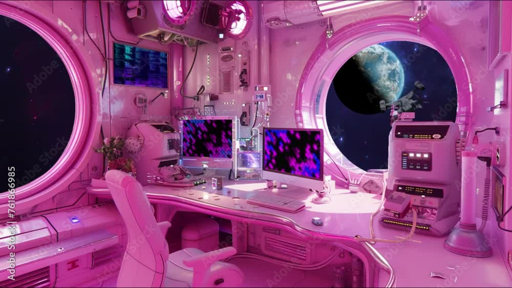 Cute pink spacestation interior with animated screens, space shuttles ...