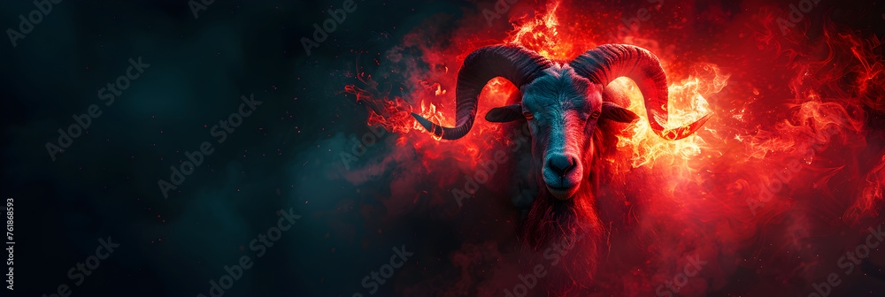 Goat with horns and red smoke on a dark backgrou, Image of angry bighorn sheep face and flames ...