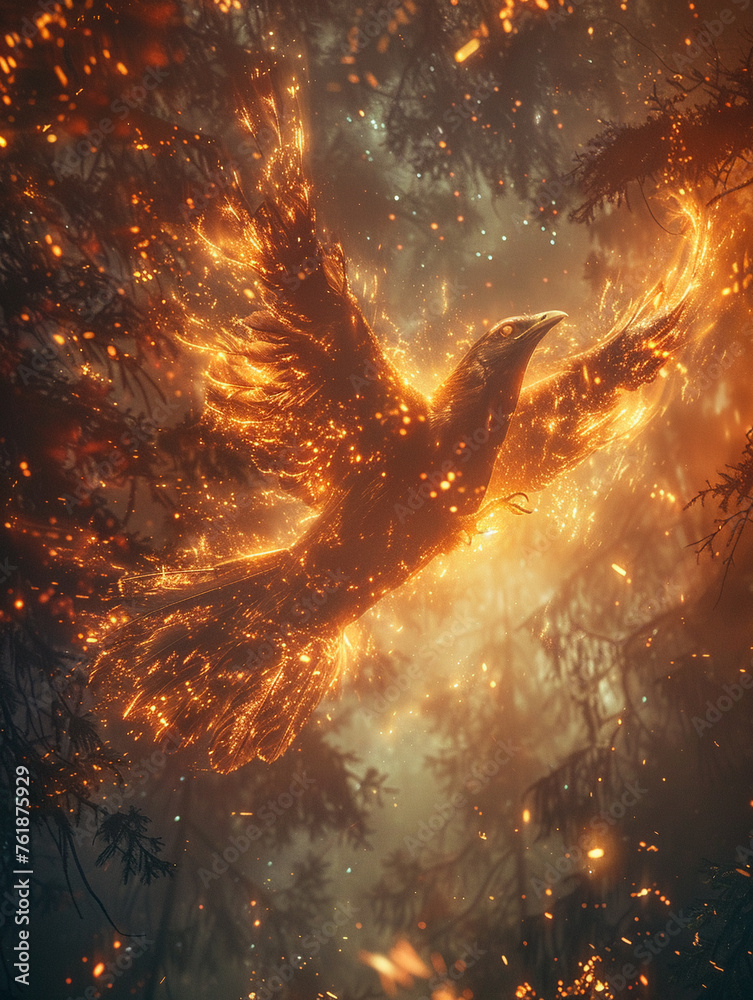 Phoenix, flames, vibrant and powerful, soaring through an otherworldly ...
