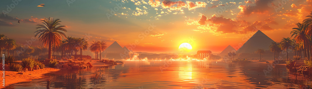 Ra, Sun Disc, The mighty sun god, standing tall in a desert oasis ...