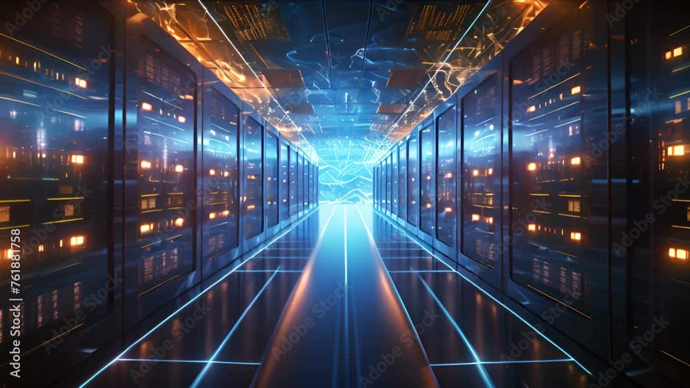 Corridor in Working Data Center Full of Rack Servers and Supercomputers ...