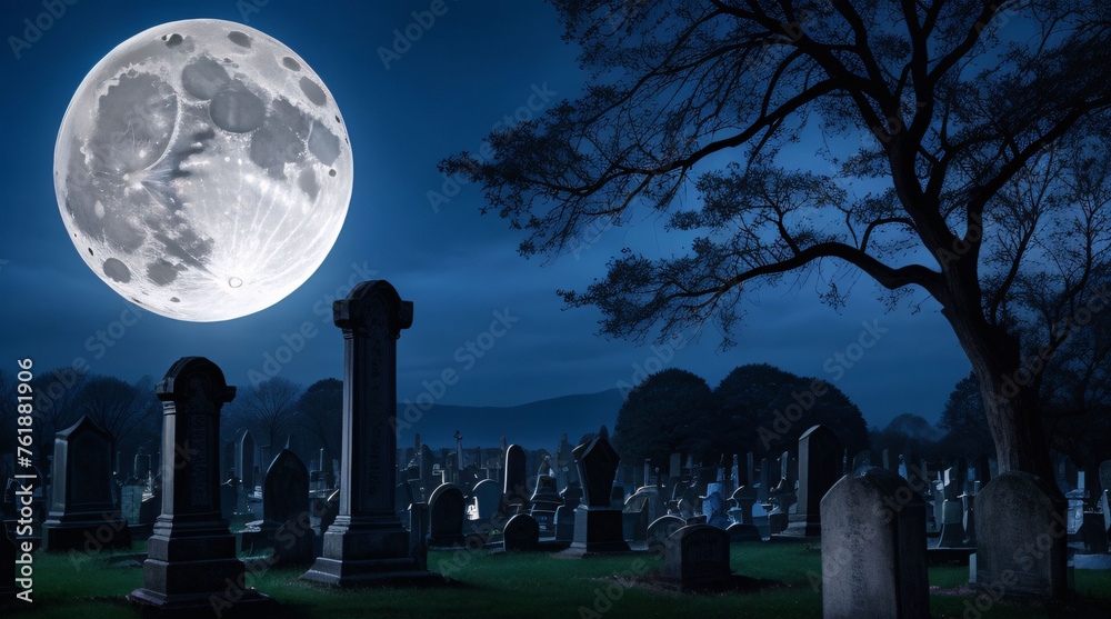 "Gothic cemetery under a full moon - Gravestones and mausoleums cast ...