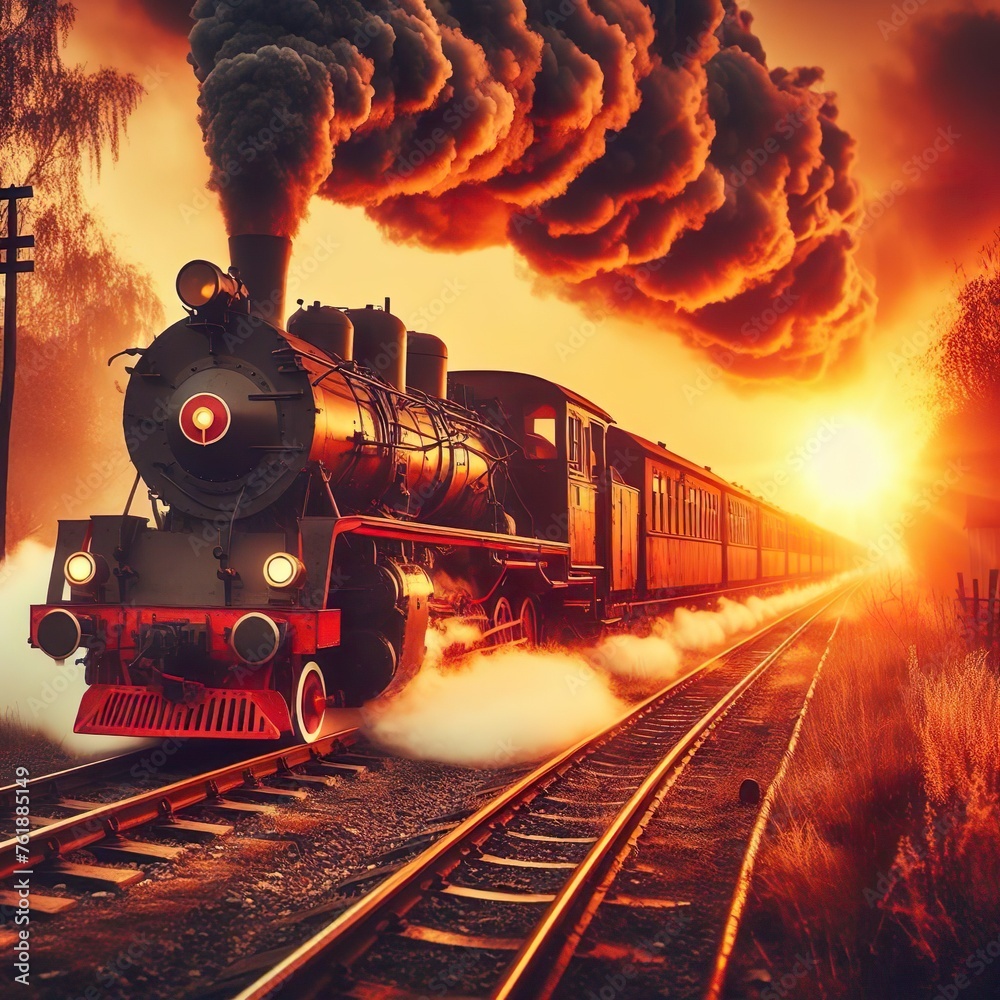 Vintage steam powered railway train in red smoke. Narrow gauge railway ...