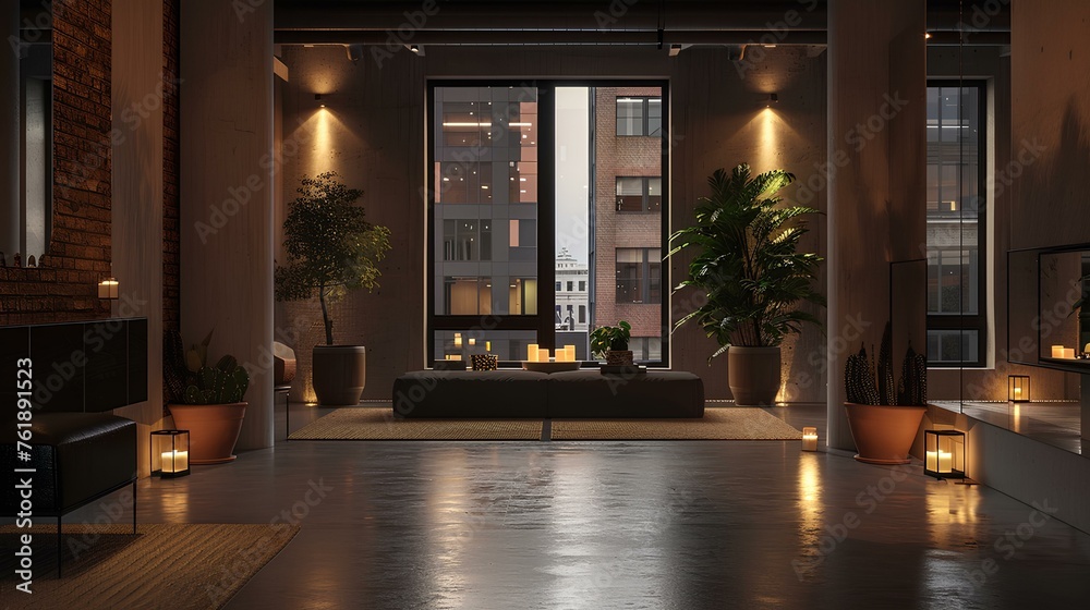 contemporary loft, matte black sitting area on a polished concrete ...