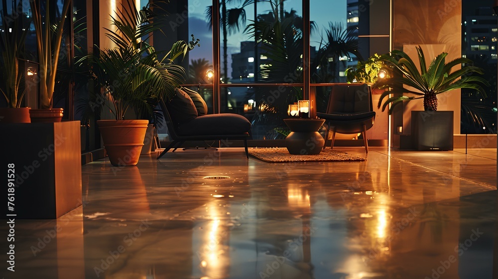 contemporary loft, matte black sitting area on a polished concrete ...
