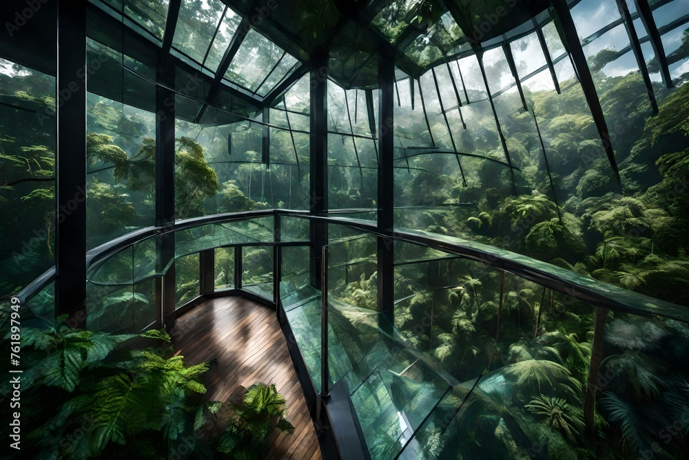 A rainforest canopy seen through a glass observation deck allows ...