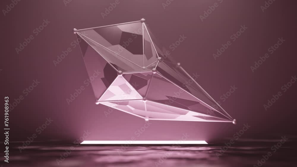 The video presents a 3D model of purple triangles floating in space ...
