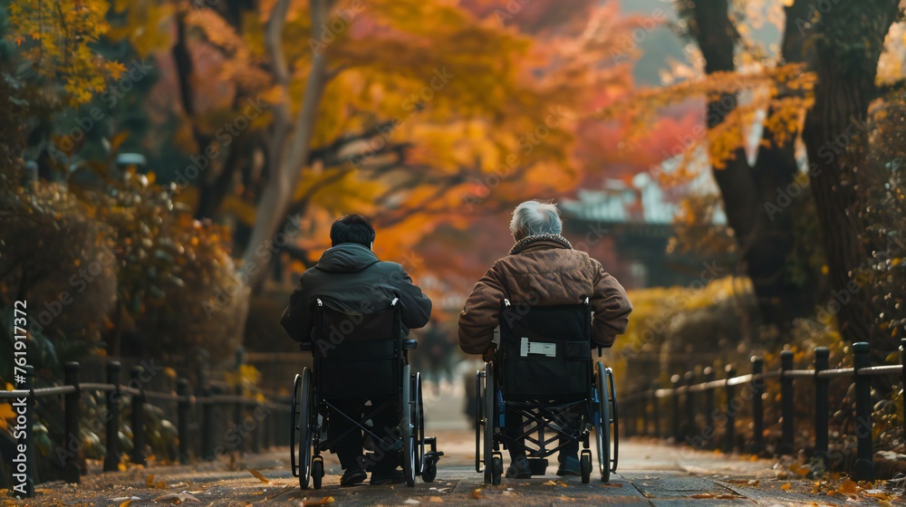 Two elderly men in wheelchairs are walking down a path in the fall ...