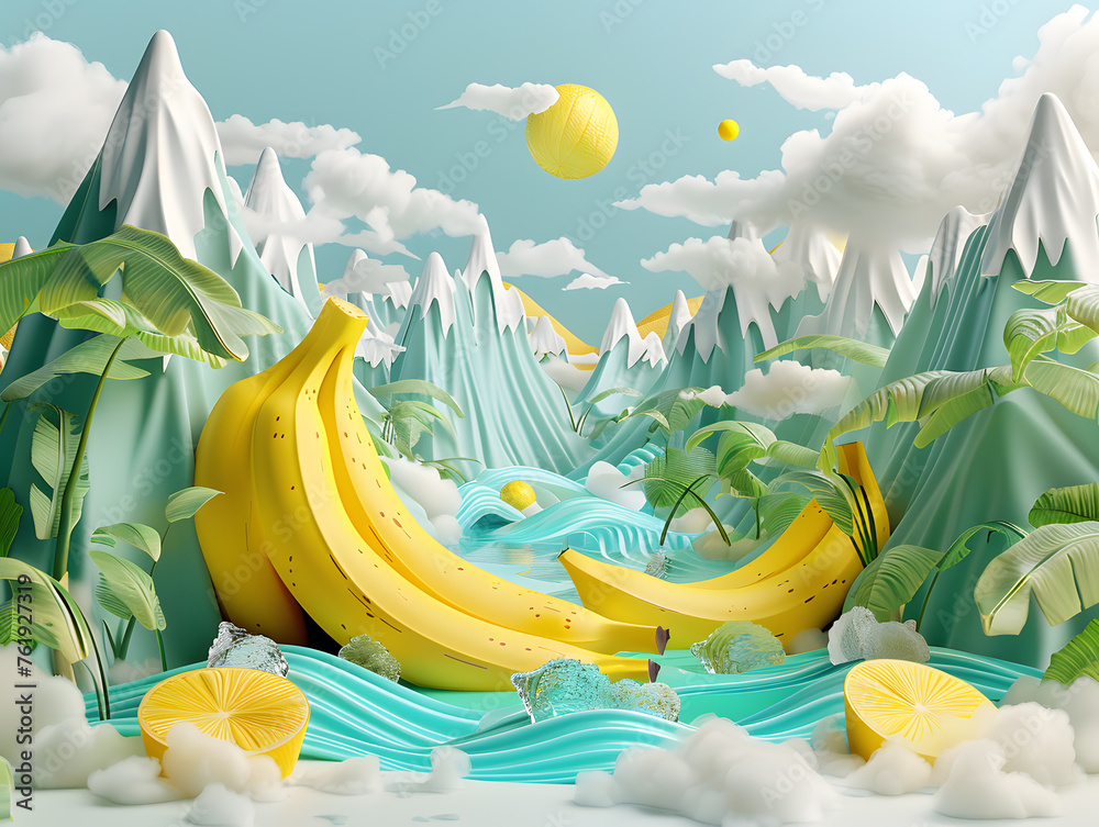 Giant bananas serve as boats on a winding turquoise river through a ...
