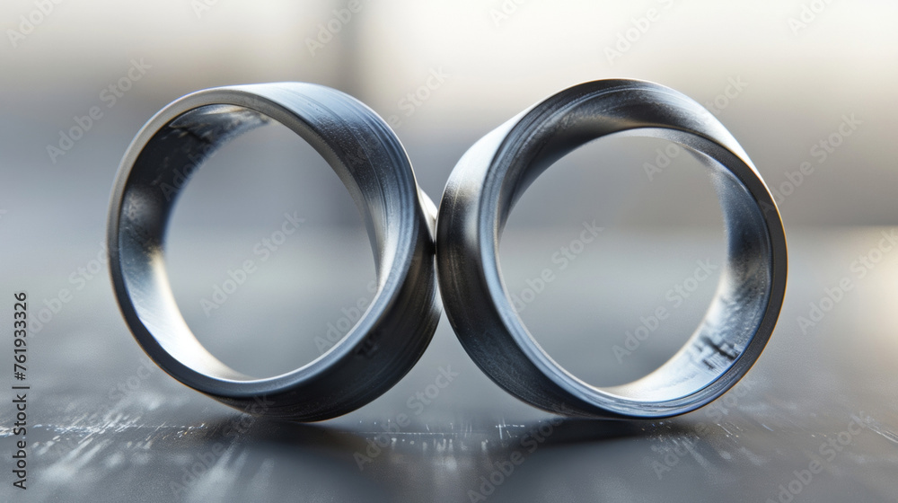 Two intertwined metal loops slowly untangle and slide apart revealing a ...