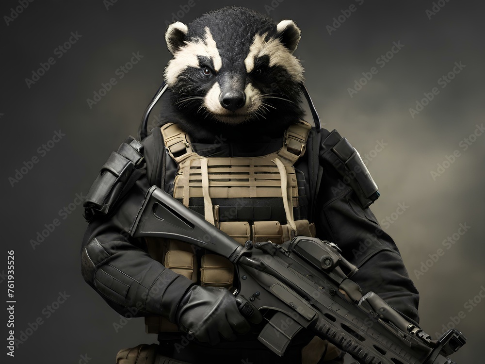 Anthropomorphic honey badger with angry black face black wool with ...