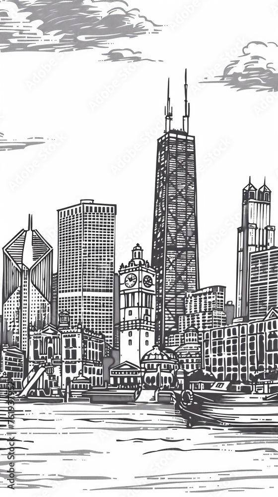 Hand-Drawn Sketch of Chicago Skyline with Architectural Details Stock ...