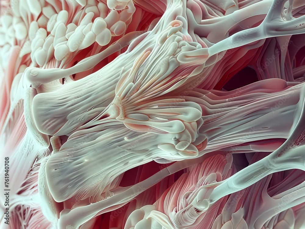 Magnified view of the interaction between muscle fibers and tendons, an ...