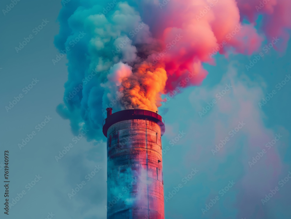 Vivid close-up of a smokestack, with pastel smoke billowing out, a ...
