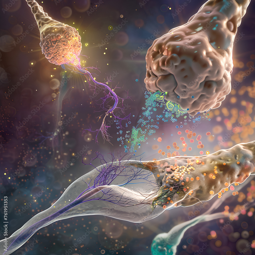 Neural synapse transmission. Digital illustration depicting neural ...