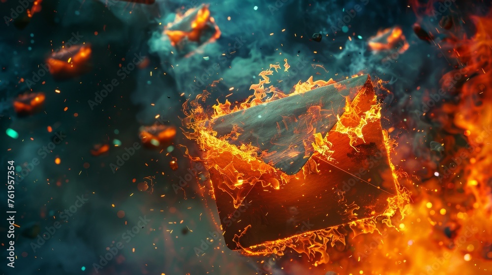 Animated email disintegrating into flames, surreal, vibrant contrast ...